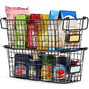 4 Pack [ XL Large ] STACKABLE Wire Baskets for Organizing - Pantry Storage and Organization Metal Bins for Produce, Food, Fruit - Kitchen Bathroom Closet Cabinet, Countertop, Under Sink Organizer