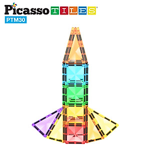 PicassoTiles Mini Size Magnetic Tiles Sensory Magnet Toys Diamond Series Construction Building Blocks Set STEM Learning Travel Size Educational Toy for Kids Boys Girls Toddlers Age 3+ PTM30