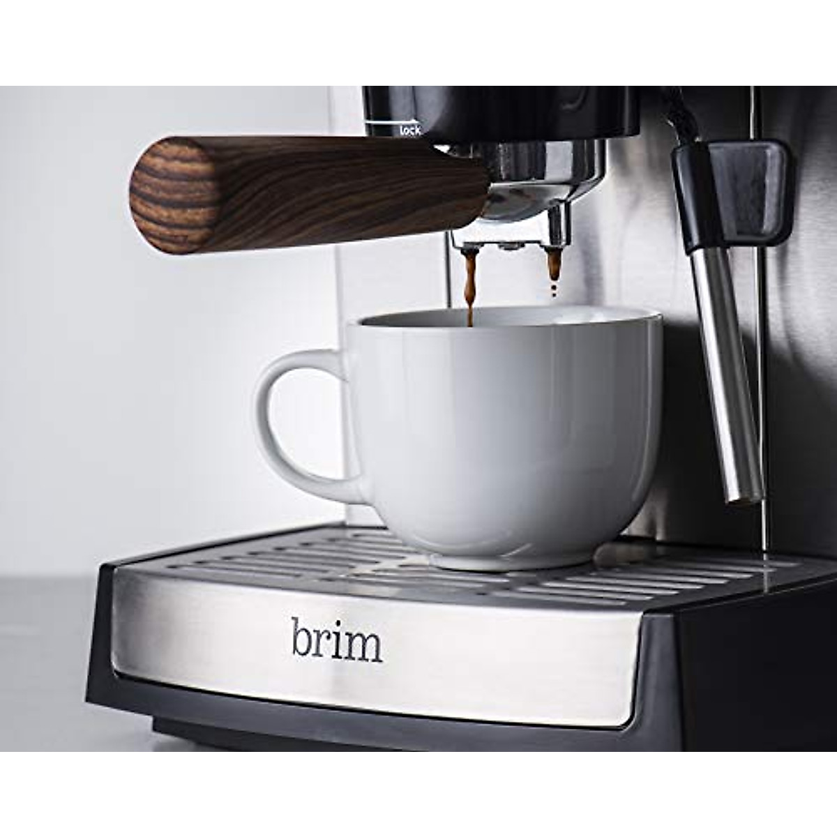 brim 15 Bar Espresso Machine, Cappuccino, Americano, Latte and Espresso Maker, Milk Steamer and Frother, Removable Parts for Easy Cleaning, Stainless Steel/Wood Accents, wood finish handle (50030)