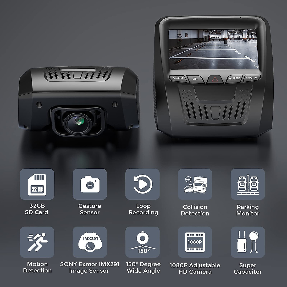 NEZINI Car Dash Cam, Dashboard Camera Recorder with 32GB Memory Card, FHD 1080P, 3" LCD Screen, Driving Recorder with Sony Video Sensor, Parking Mode, 150° Angle, Loop Recording, Night Vision, WDR