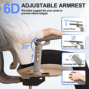Ergonomic Office Chair High Back Home Computer Mesh Chairs, Adjustable Lumbar Support & Headrest Swivel Task Chair with 6D Armrests, Grey (S400)