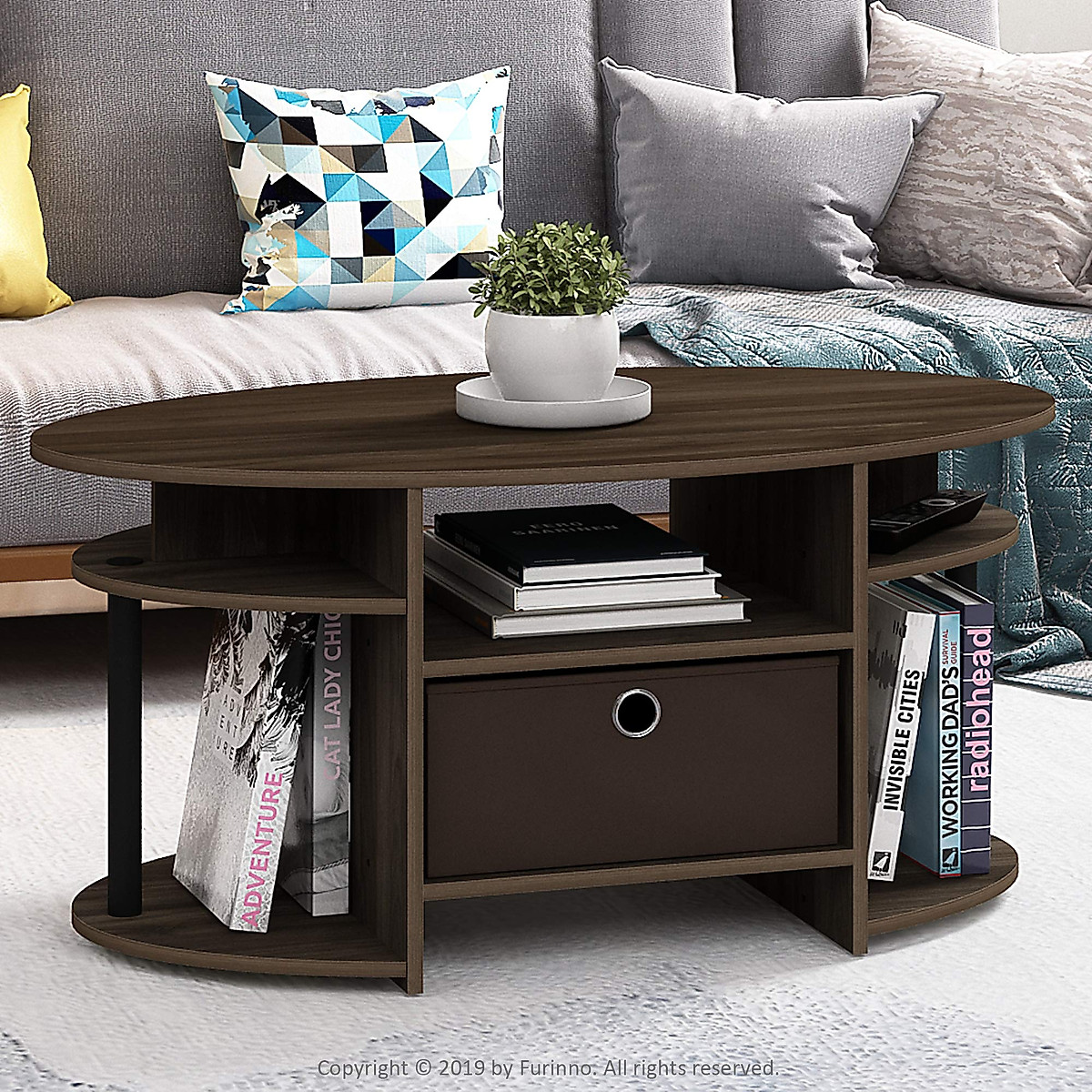 Furinno Jaya Simple Design Oval Coffee Table with Bin for Living Room, Columbia Walnut/Black/Dark Brown