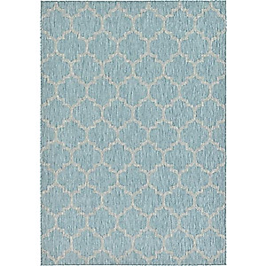 Unique Loom Outdoor Trellis Collection Area Rug (7' 1" x 10' Rectangle, Aquamarine/ Gray)