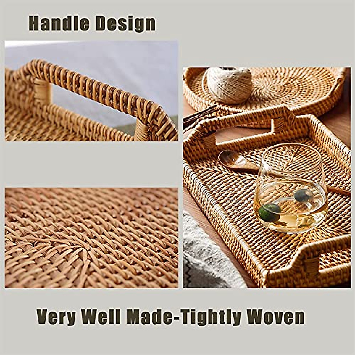 Rattan Serving Tray with Handles Hand Woven Wicker Tray Rattan Tray Rustic Decorative Tray Ottoman Tray Kitchen Organizer (Set of 3 Rectangle)