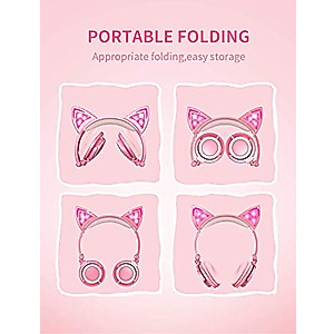 esonstyle Cat Ear Headphones for Kids, Wired Kids Headphones with LED Light Up, 85dB Volume Limited, Foldable 3.5mm Jack Headphones for School/Travel/iPad/Tablet (Peach)
