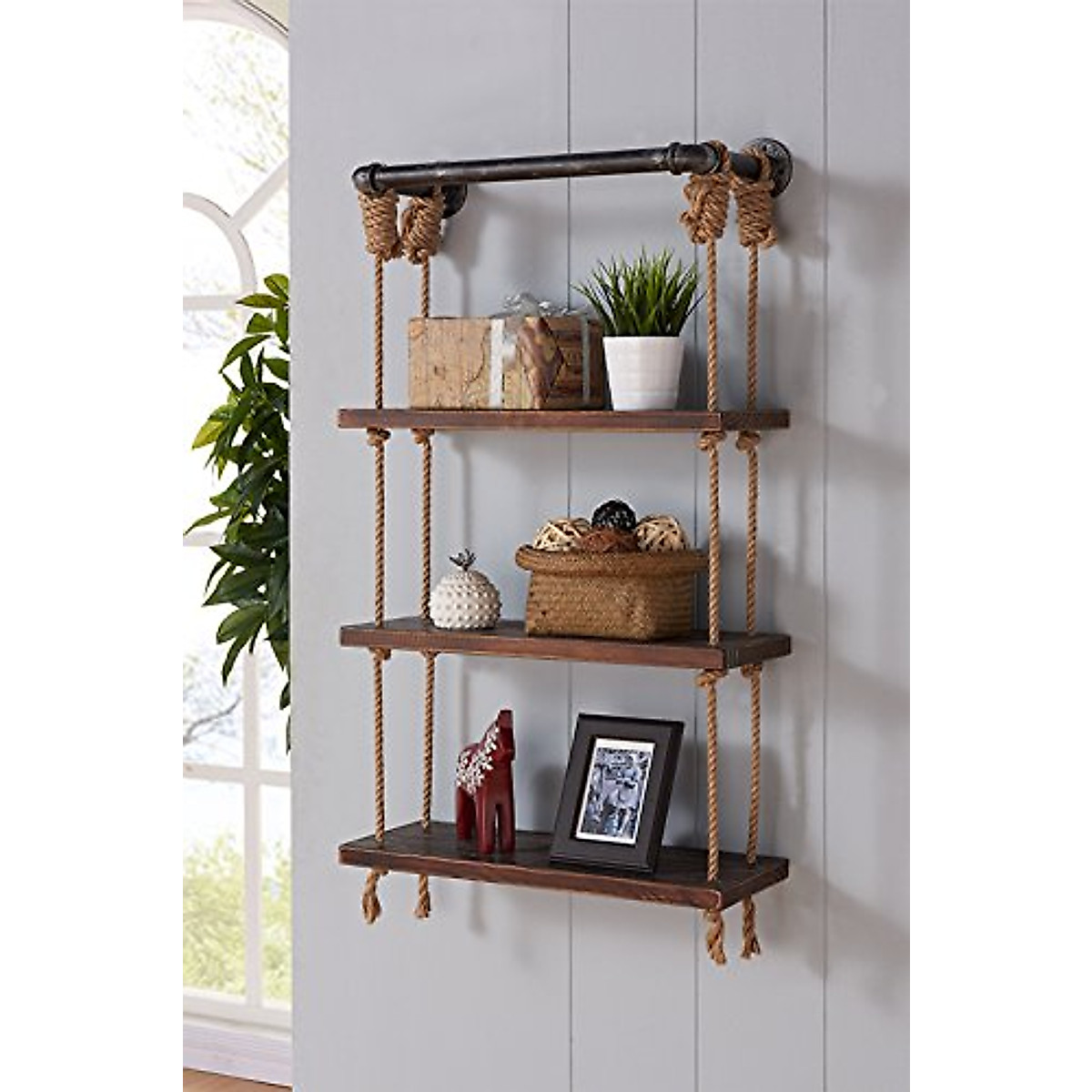 Armen Living Brannon 24" Accent Shelf in Walnut Wood Finish with Grey Piping