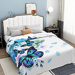 Blue Butterfly Soft Throw Blanket All Season Microplush Thick Warm Blankets Tufted Fuzzy Flannel Throws Blanket for Bed Sofa Couch 60"x50"