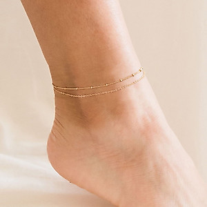 Bemoly Women Dainty Anklet,14K Gold Plated Satellite Anklet Double Layered Cute Beads Chain Tassel Coin Disc Heart Summer Ankle Bracelet Boho Beach Foot Chain