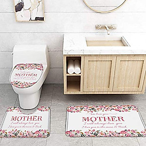 Sabolny 4Pcs Bath Set Home Decor, Watercolor Pink Rose Happy Mother's Day Bathroom Waterproof Shower Curtain with Hook, Non-Slip Rugs, Toilet Lid Cover and U-Shaped Bath Mat
