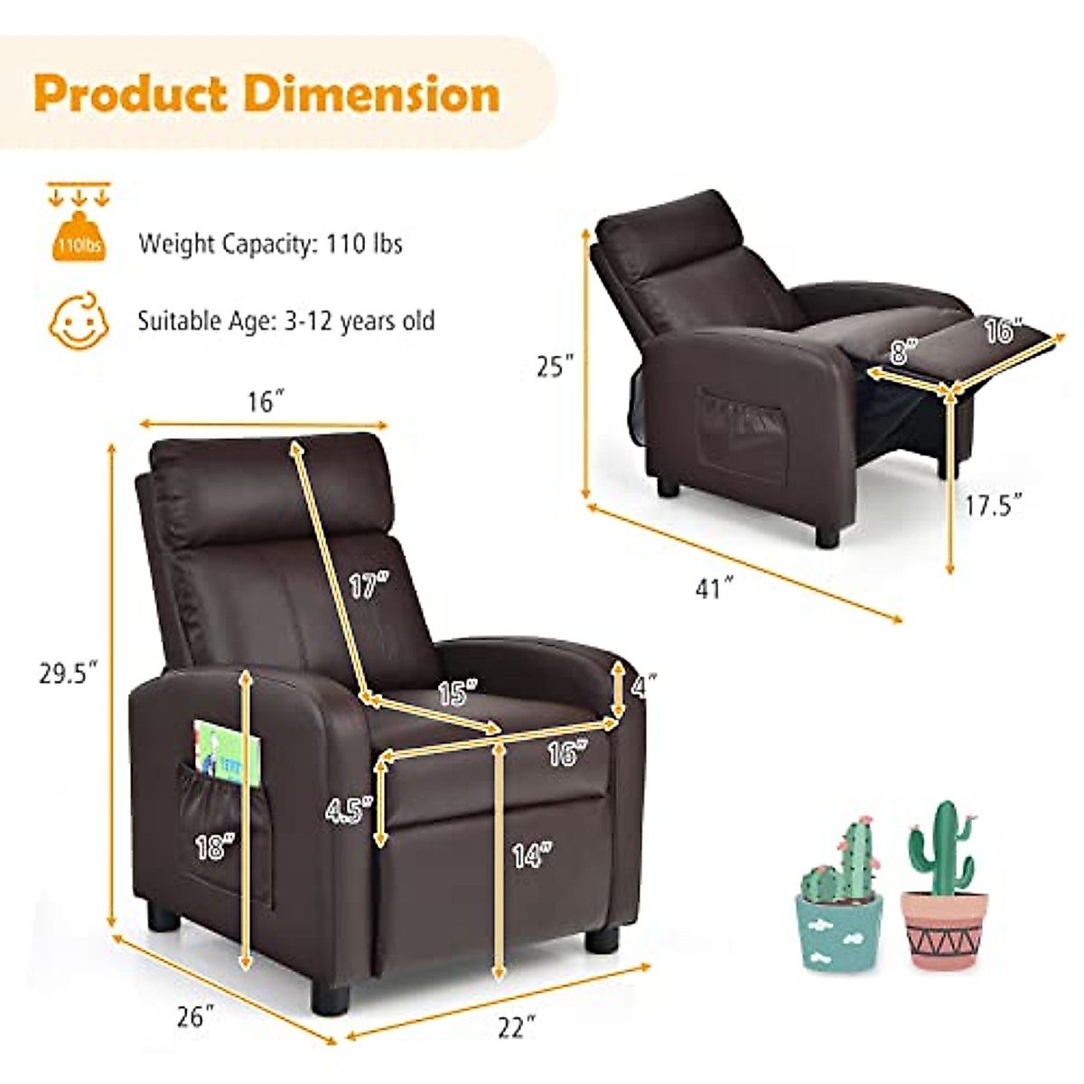 Costzon Kids Recliner, Adjustable PU Leather Lounge Chair w/Side Pockets, Footrest, Headrest for Kids Room & Play Room, Easy to Clean, Padded Recliner Sofa for Children Boys Girls Aged 3-12 (Brown)