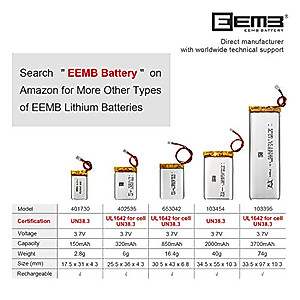 EEMB Lithium Polymer Battery 3.7V 1100mAh 603449 Lipo Rechargeable Battery with Wire JST 2.0mm Connector for Speaker and Wireless Device- Confirm Device & Connector Polarity Before Purchase