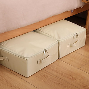 iwill CREATE PRO Pack of 2, 20.5X 14.2X 6.3, Shallow Fabric Folding Storage Box with Soft Zip Lid for Underpants/Scarves/Socks in Bedroom Wardrobe, or Electronics Accessories Organizer, Beige