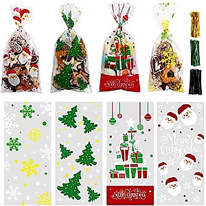 LOKIPA 200 Pcs Christmas Cellophane Treat Bags, Xmas Clear Cello Gift Bags Candy Goodies Bags with Twist Ties for Christmas Party Supplies