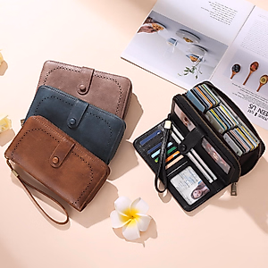 GAEKEAO Leather Credit Card Holder Wallet for Women RFID Blocking Large Capacity Bifold Zipper Card Case Organizer with Wristlet 45 Slots