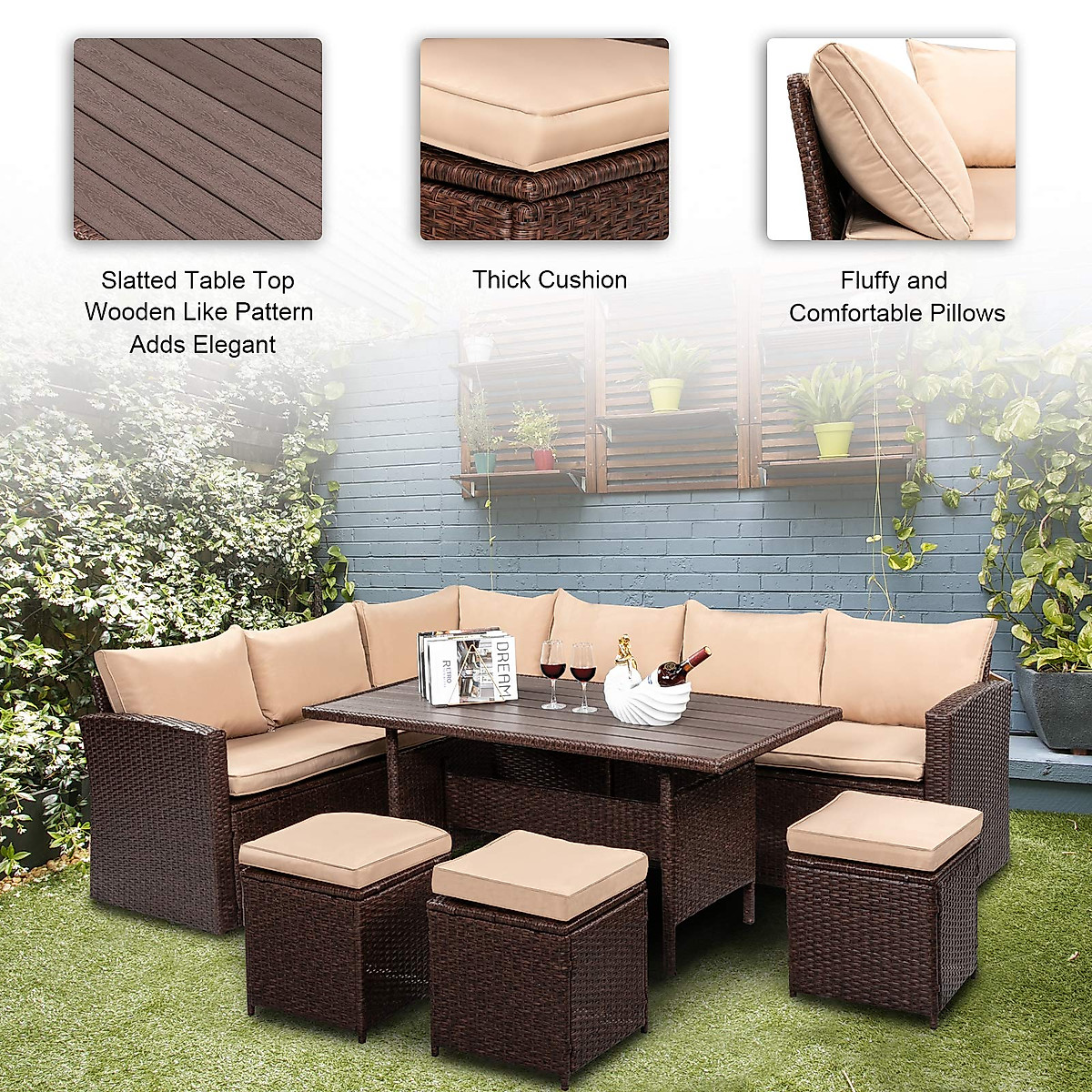 VINGLI 8 Pieces Outdoor Patio Furniture Set with Dining Table&Chairs, Wicker Patio Dining Set for 8, All Weather Outdoor Sectional Sofa Conversation Set with Ottoman