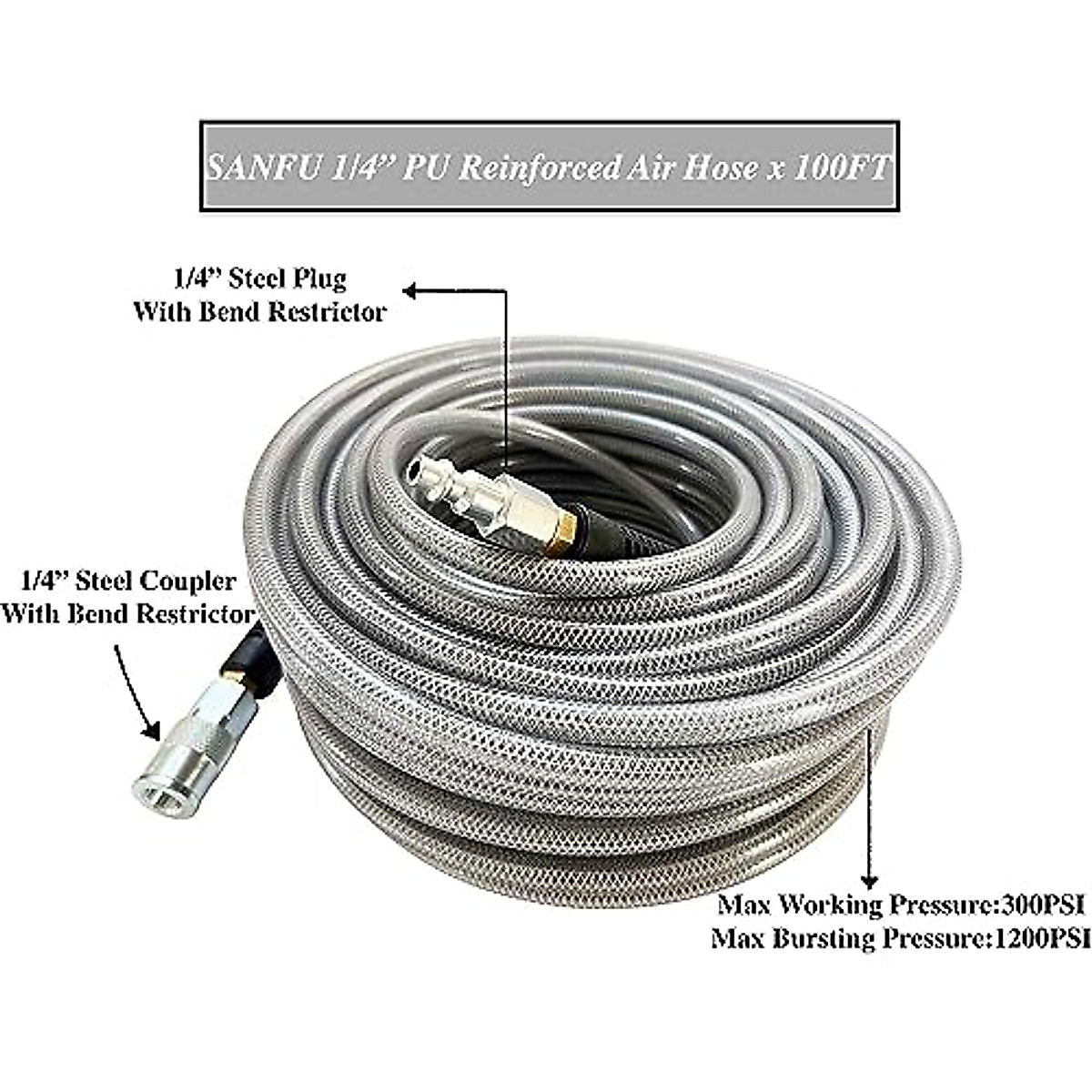 SANFU Polyurethane(PU) Air Hose 1/4-Inch x 100ft Reinforced, lightweight Anti-low temperature 300PSI with 1/4” Swivel Industrial Quick Coupler and Plug, Bend Restrictor, Silver Gray(100’)