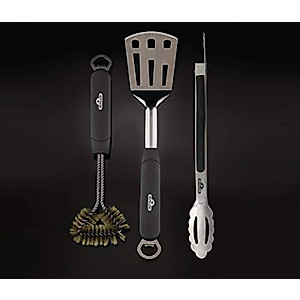 Napoleon 3 Piece Stainless Steel BBQ Toolset 70024 Sturdy Stainless Steel Spatula, Tongs, Brass BBQ Cleaning Brush, Heat Resistant Handles, Bottle Opener, Tool Hanger, Dishwasher Safe