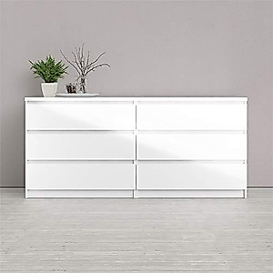Pemberly Row Modern Contemporary 6 Drawer Wide Double Bedroom Dresser in White High Gloss