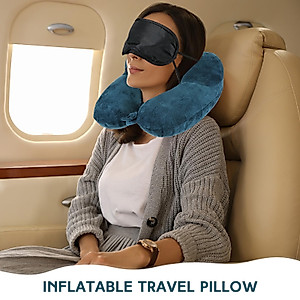 Sintuff 2 Pack Inflatable Travel Pillow for Airplanes Inflatable Neck Flight Pillows with Compact Bag and Blindfold for Traveling, Airplane, Train, Car, Office(Peacock Green and Black)