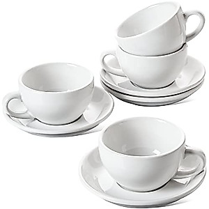 LE TAUCI 6 oz Cappuccino Cups with Saucers，Ceramic Coffee Cup for Au Lait, Double shot, Latte, Cafe Mocha, Tea - Set of 4, White