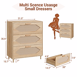 3 Drawer Rattan Dresser for Bedroom, Rattan Modern Dresser Wood Chest of Drawers, Wooden Storage Cabinets for Bedrooms, Hallways, Living Rooms, and Entryways, Easy Assemble, Natural