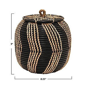 Boho Handwoven Rattan Storage Basket with Lid, Natural and Black