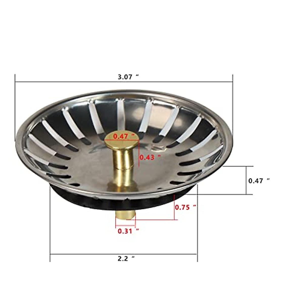 2 Pcs Kitchen Sink Strainer, Stopper Combo Basket Replacement for Standard 3-1/2 inch Drain, Stainless Steel Body with Plastic Knob, Rubber Stopper Bottom