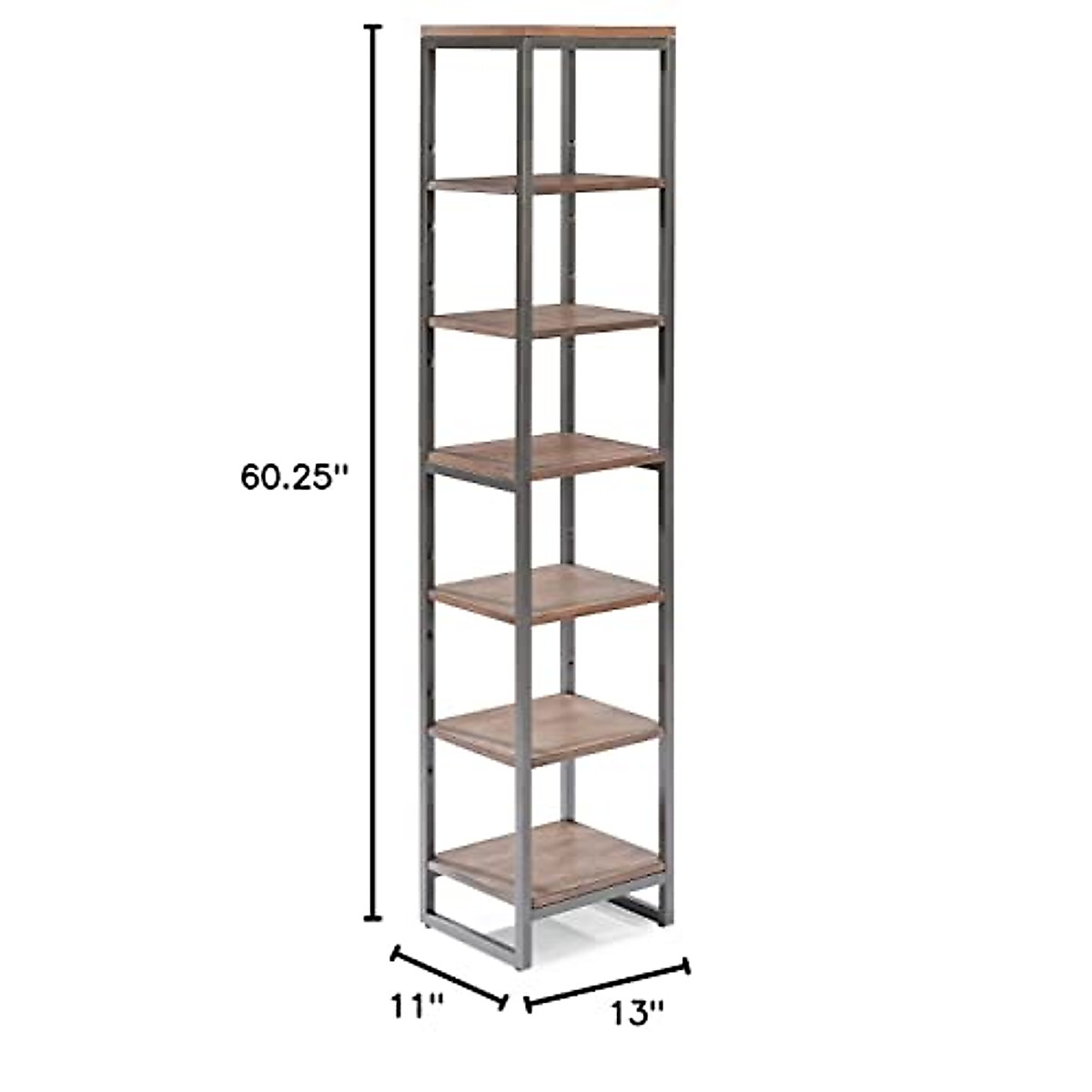 Home Styles Barnside Metro Gray Seven-tier Storage Shelf Tower with Four Adjustable Shelves, Brushed Pine Veneer Shelves, and Powder Coated Metal Frame