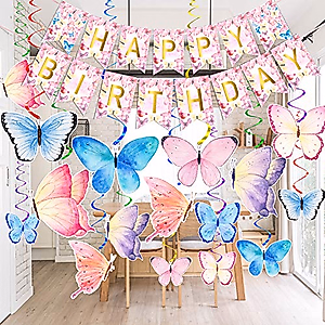 Butterfly Party Decorations - Butterfly Happy Birthday Banner - Butterfly Party Hanging Swirls Decorations - Butterfly Party Supplies for Kids