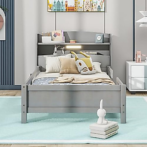 NCKMYB Low Twin Bed Frame for Kids, Wood Platform Bed with 2 Tier Headboard, Build-in LED Light, Suitable for Boy Girl, Antique Grey