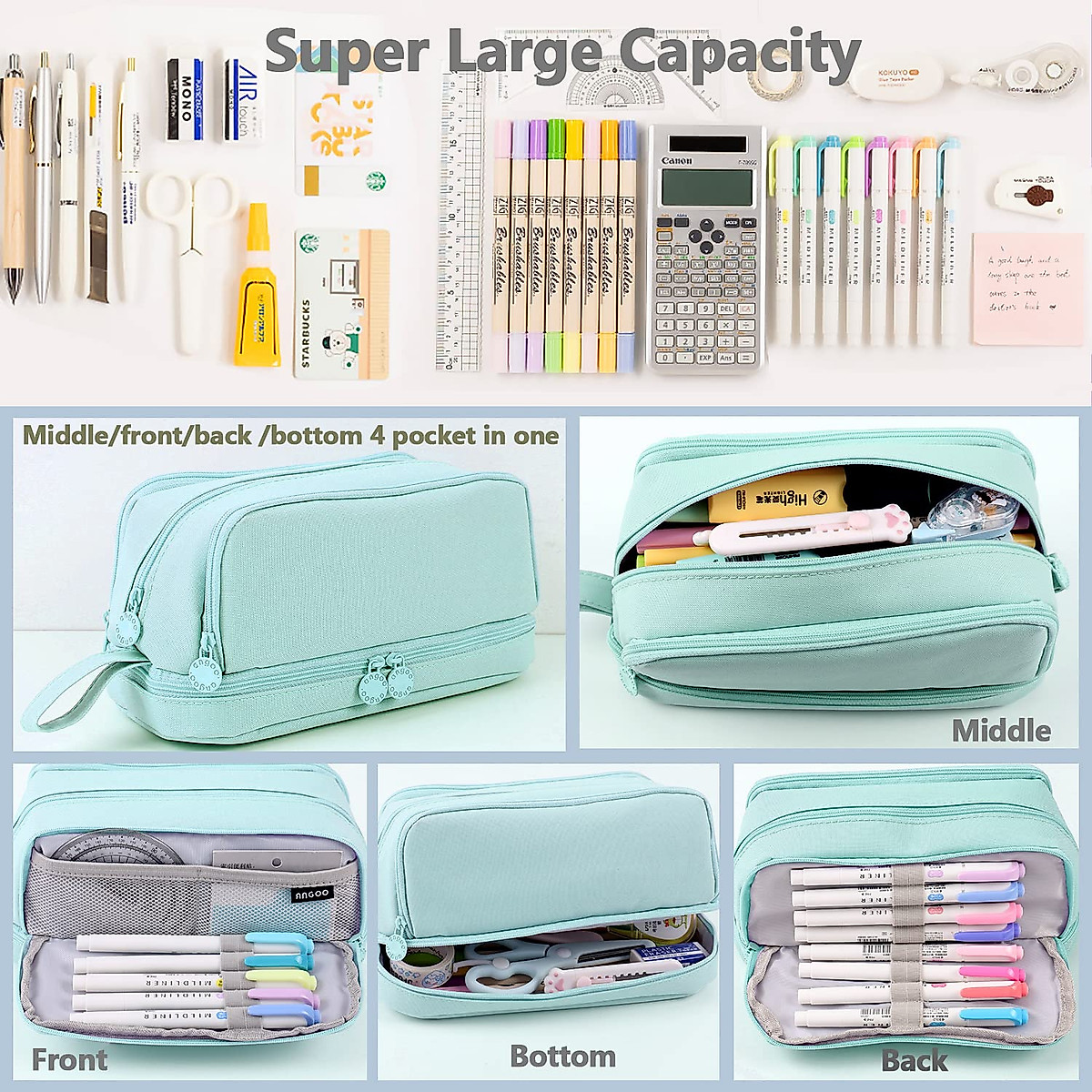 Large Capacity Pencil Case 4 Compartments, Pencil Case with Zipper Portable Handle, Aesthetic Pencil Case Stationery Organizer for Office College School Teen Girl Boy Men Women (Light Green)