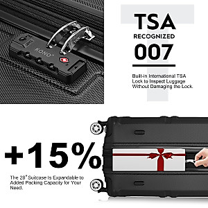 Kono 3 Piece Luggage Sets Expandable(only 28") Lightweight with Spinner Wheels TSA Lock Hardside Travel Rolling Suitcases 20in 24in 28in Carry on Black