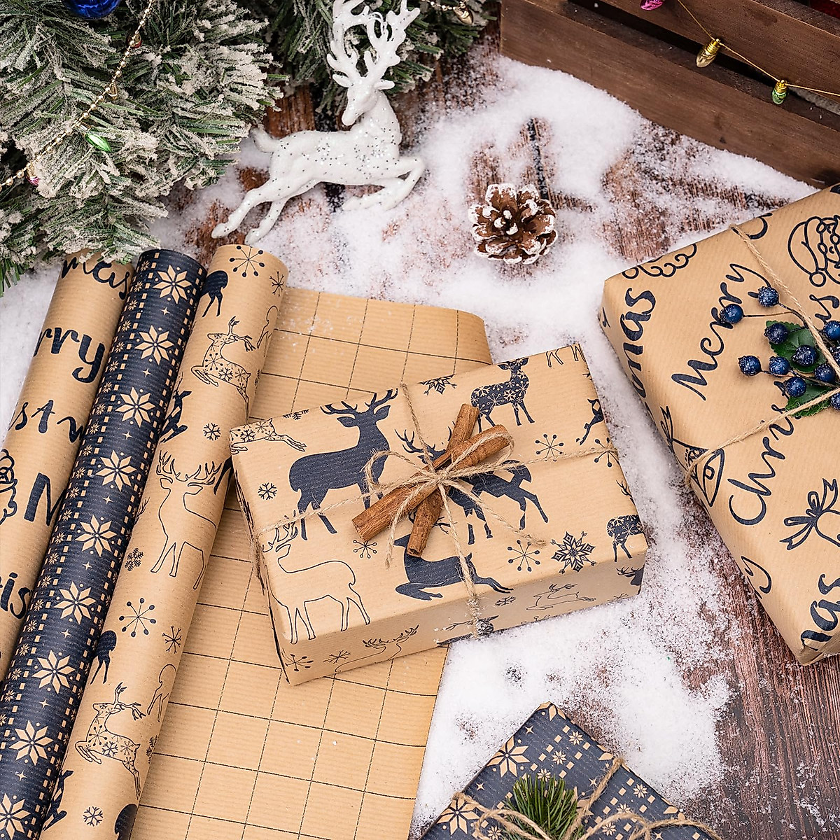 RUSPEPA Christmas Wrapping Paper Rolls - Mini Roll - 17 inches x 10 feet per Roll, Total of 3 Rolls - Reindeer and Snowflake