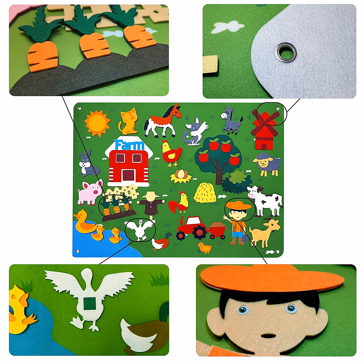 Tucimibo Farm Animals Felt Story Board Set 34Pcs, Flannel Storytelling Farmhouse Themed Activity Playmat Kit Wall Hanging Gift for Toddlers Kids Early Learning Educational Game Rug 3.5 * 2.5Ft