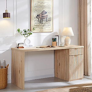 JXQTLINGMU 60" Modern Executive Desk with Storage, Wood Home Office Desk with Drawer & Cabinet, Fluted Computer Writing Desk for Study, Living Room, Bedroom, Natural Oak