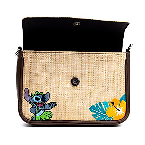 Disney Bag, Fold Over Crossbody, Lilo and Stitch Embroidered Stitch Poses, Raffia Straw