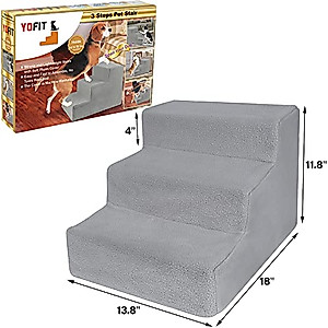 yofit Doggy Steps - Non-Slip 3 Steps Pet Stairs for Cats and Dogs, Foldable Plastic with Washable Carpet (Gray)