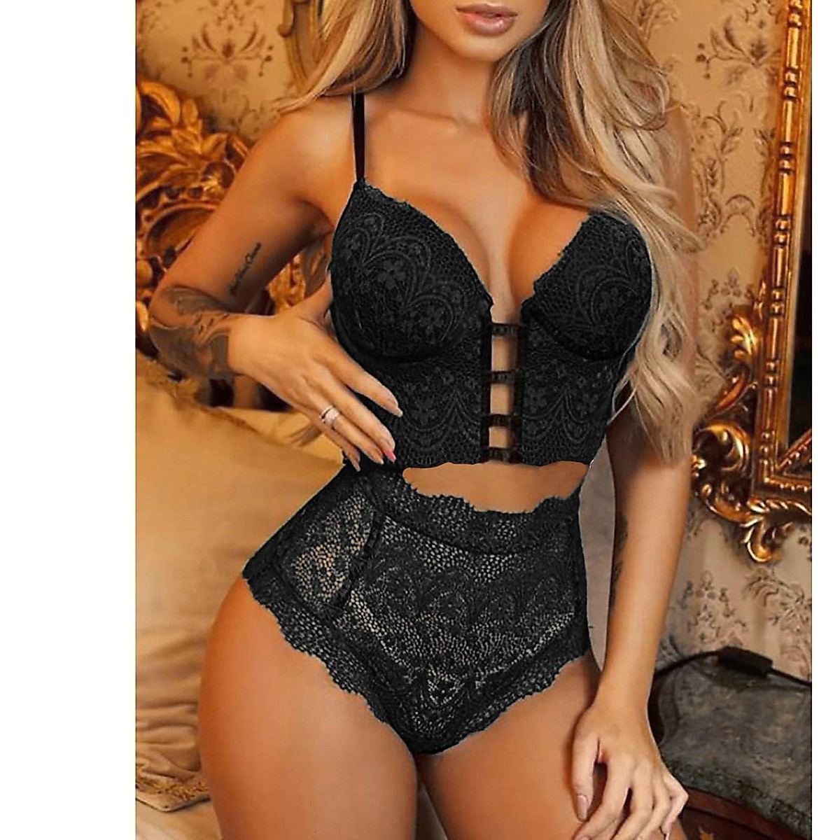Aniywn Women Sexy Push Up Lace Bra and High Waist Panty Set Women Bralette Lingerie 2 Piece Outfits Babydoll Bodysuit Black