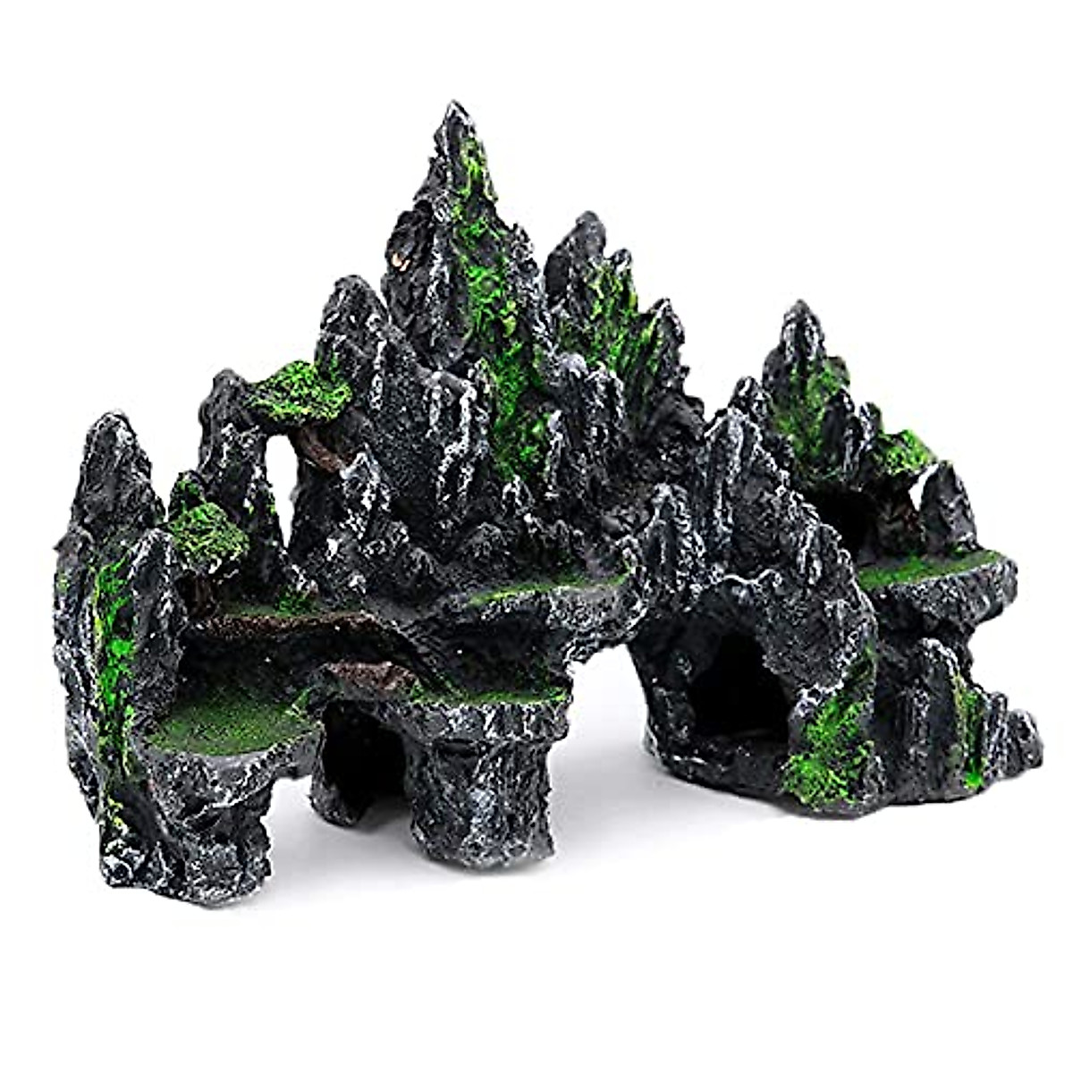 PakyKai Large Fish Tank Decorations, Mountain View Aquarium Ornament with Tree House Cave Bridge Artificial Plastic Plants Aquarium Decorations