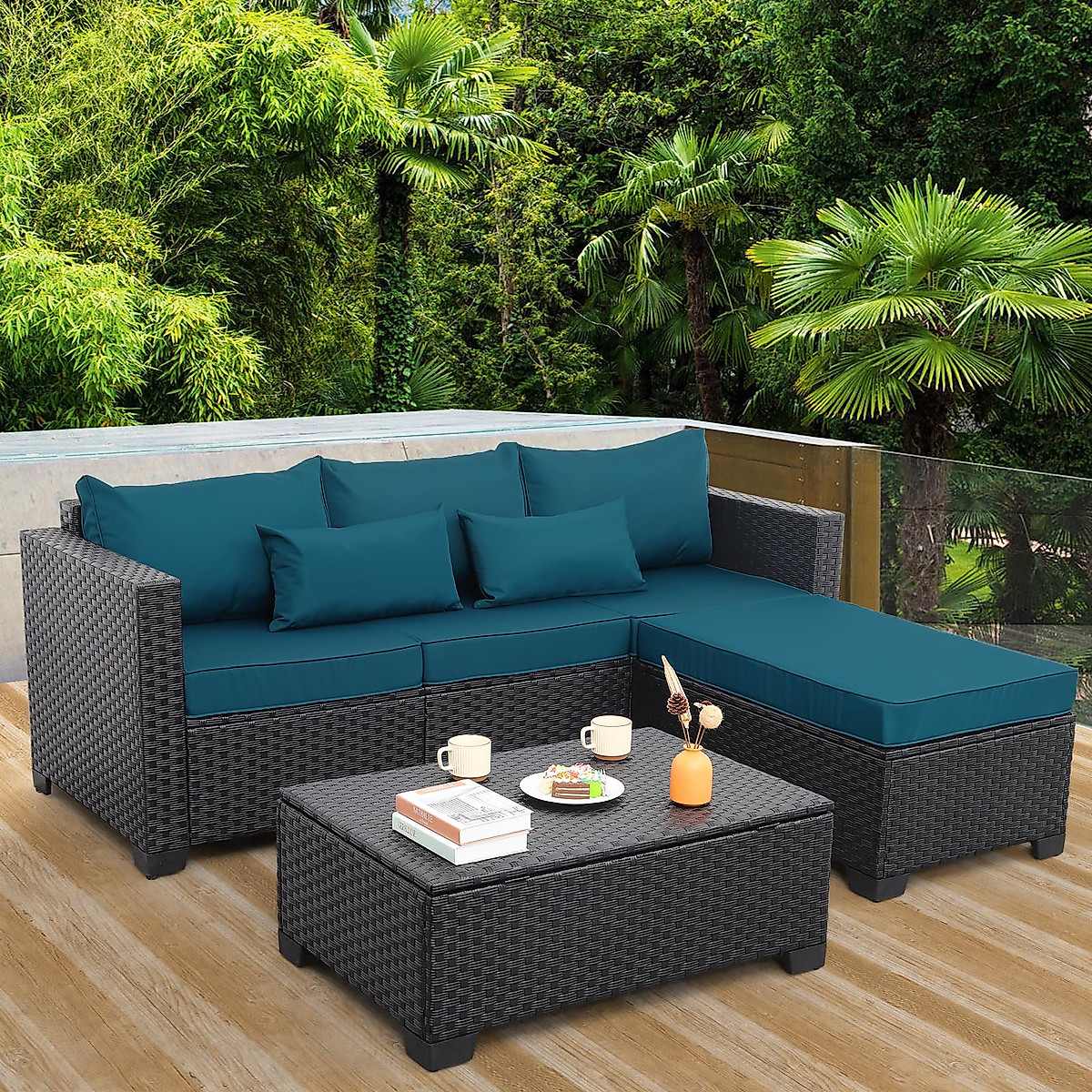 Rattaner 3 Pieces Patio Furniture Set Outdoor Sectional Wicker Patio Furniture Patio Couch with Ottoman and Outdoor Storage Table All-Weather Anti-Slip Cushions Waterproof Covers, Peacock Blue