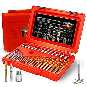 AKM 36PCS Screw Extractor with Drill Bit Set,bolt extractors with Center Hole Punch,Multi-spline Extractors,and Left Hand Drill Bits for Removeing Broken Studs, Bolts, Socket Screws, and Fittings| SAE
