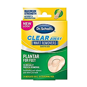 Dr. Scholl’s Clear Away Plantar Wart Remover for Feet, 24 Medicated Discs & 24 Cushioning Pads // Maximum Strength Without A Prescription