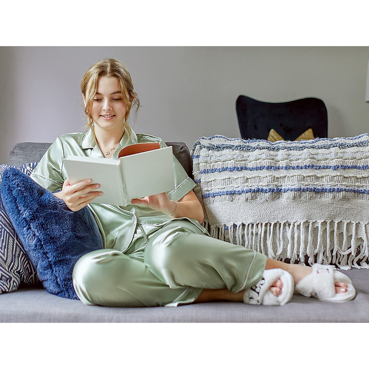 AW BRIDAL Silk Pajamas for Women Satin Pajama Set Button Up Bride Bridesmaid Pajamas Sleepwear Loungewear, Sage Green L