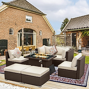 BULEXYARD High Back Brown PE Rattan Outdoor Patio Furniture Set with Propane Fire Pit Table, Large Wicker Outside Sectional Furniture Sofa Conversation Sets for Backyard(Beige, 7Pcs)