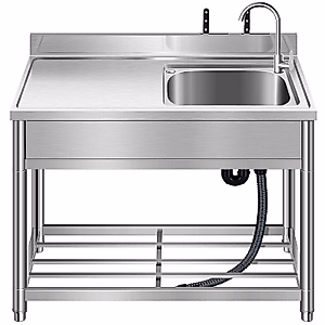 Free Standing Stainless-Steel Single Bowl Commercial Restaurant Kitchen Sink Set w/Faucet & Drainboard, Prep & Utility Washing Hand Basin w/Workbench & Storage Shelves Indoor Outdoor (39 in)