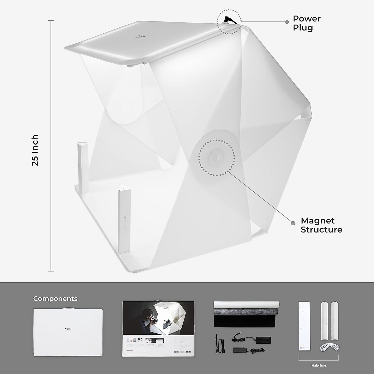 Foldio3 + Extra Lights (25inch Lightbox for Product Photography with Halo Bars / 25" x 25"/ Portable Studio, Dimmable LED Chips, CRI 97+, Background Sheet Included | ORANGEMONKIE)