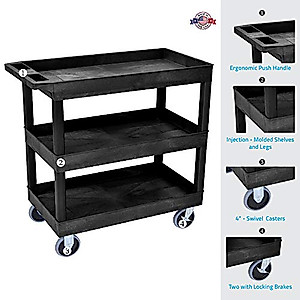 Offex Mobile 3 Shelf 18" D x 32" W Tub Utility Storage Cart Black