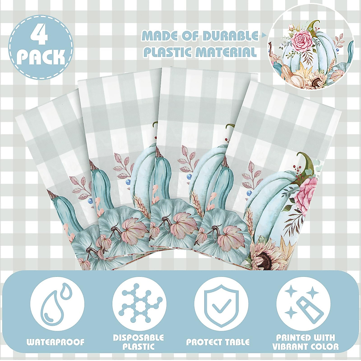 Tranqun 4 Pcs Thanksgiving Tablecloth 108 x 54 Inch Pumpkin Fall Tablecloth Rectangle Fall Plastic Table Cover Autumn Harvest Table Cloths for Kitchen Fall Thanksgiving Party (Watercolor Pumpkin)