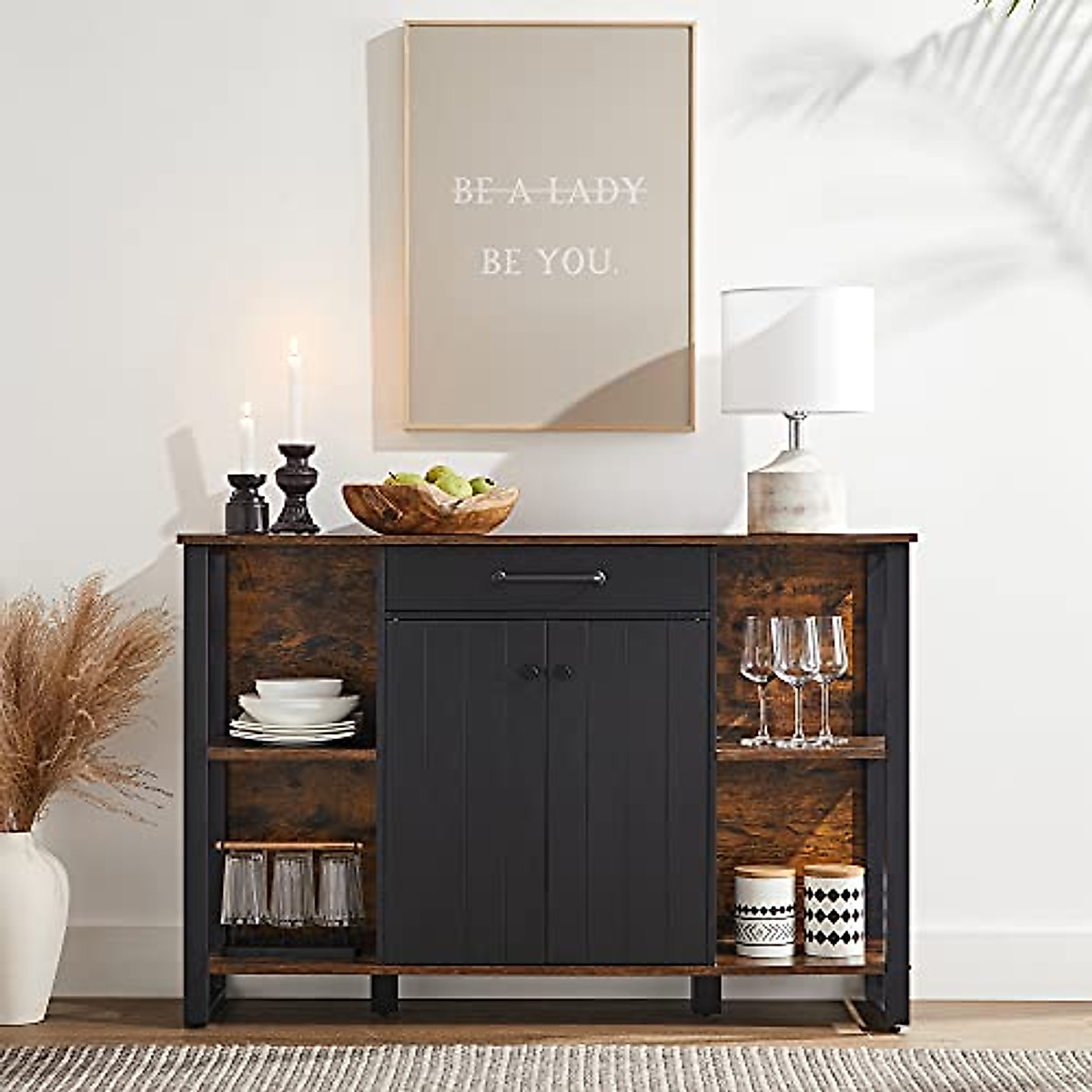 VASAGLE Buffet Cabinet, Kitchen Sideboard, Storage Organizer with Drawer, Shelves, Door, for Living Room Hallway, Rustic Brown and Black ULSC103B01