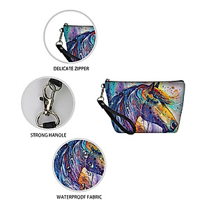 PIHNSDUA Watercolor Horse Cosmetic Bag Small Makeup Pouche PU Leather Zip Makeup Bags with Wrist Strap for Women Gifts